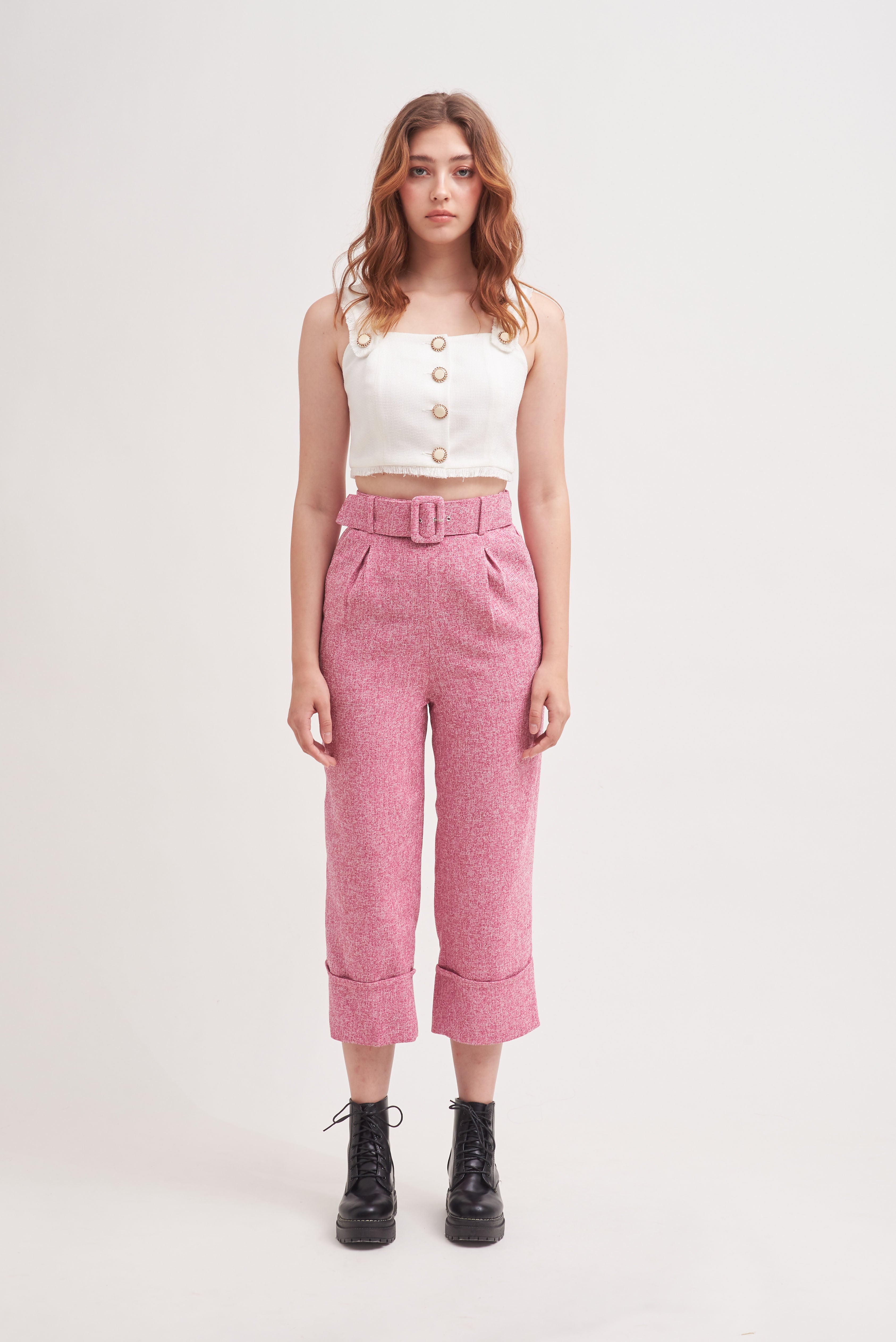 THINK OUTSIDE THE BOX | High Waisted Culottes In Pink Tweed With Belt ...
